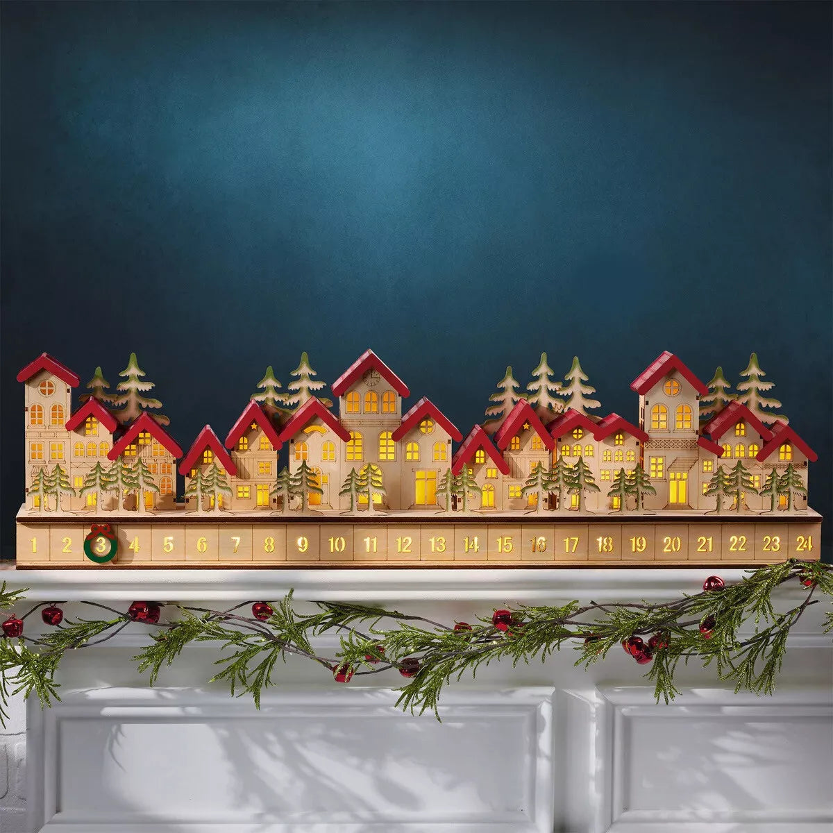 30" Holiday Wooden Village Countdown LED Advent Calendar Christmas Dec